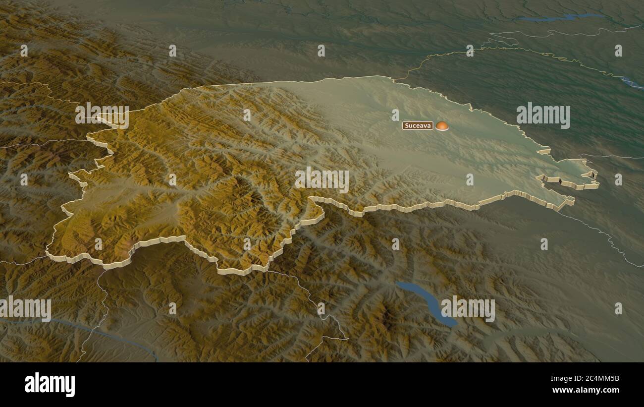 Zoom in on Suceava (county of Romania) extruded. Oblique perspective ...