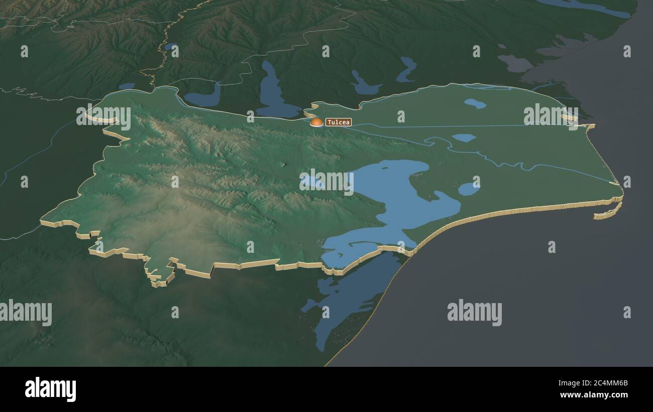 Zoom in on Tulcea (county of Romania) extruded. Oblique perspective ...