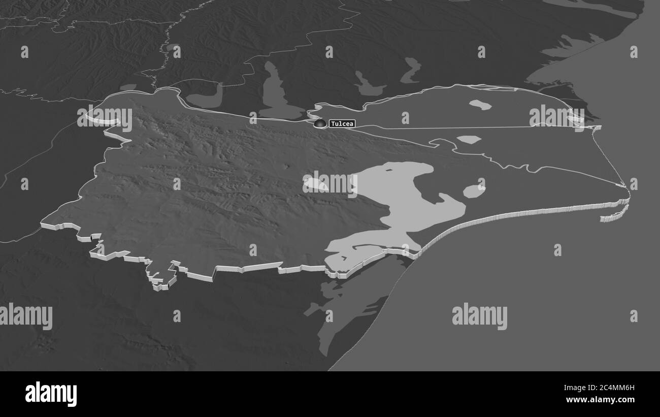 Zoom in on Tulcea (county of Romania) extruded. Oblique perspective ...