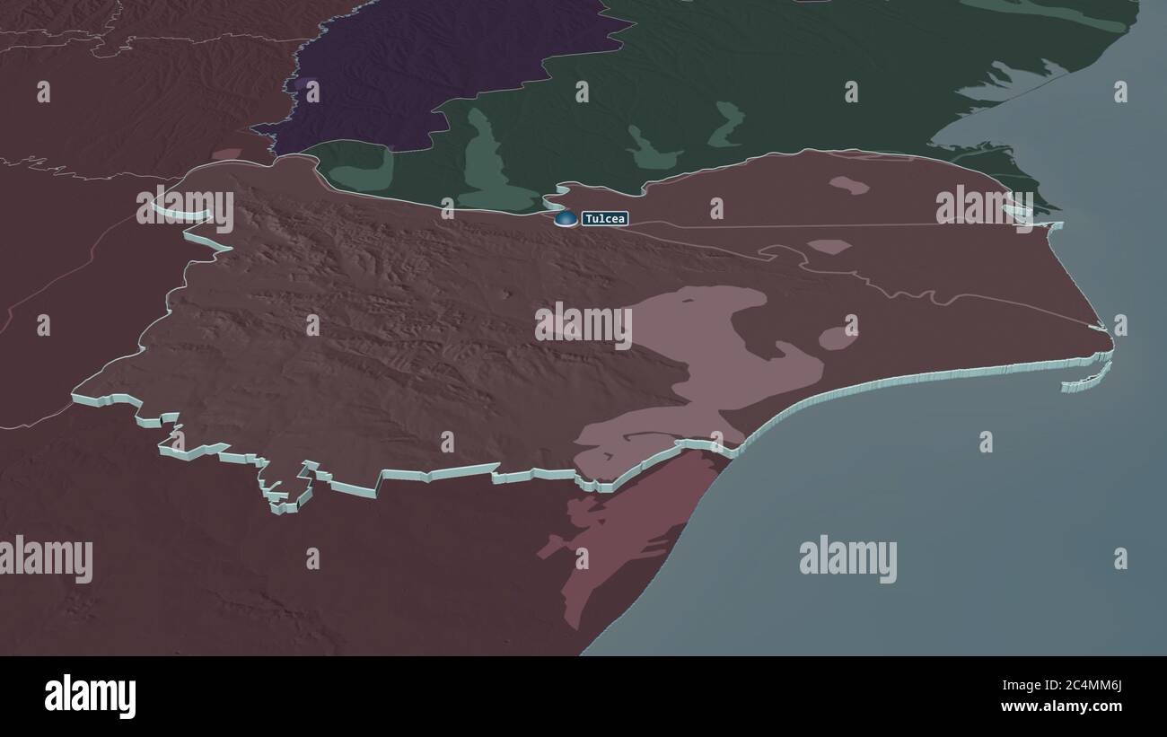 Zoom in on Tulcea (county of Romania) extruded. Oblique perspective ...