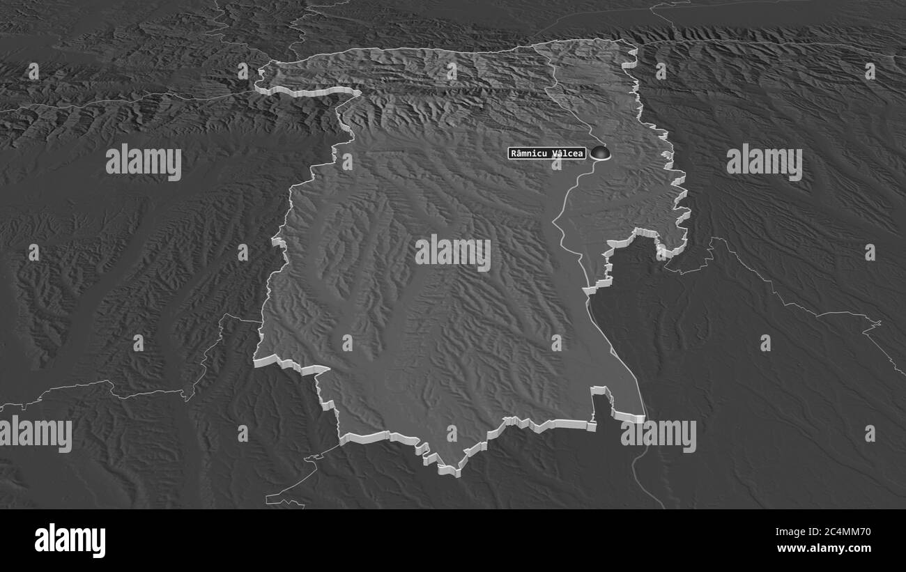 Zoom in on Vâlcea (county of Romania) extruded. Oblique perspective ...