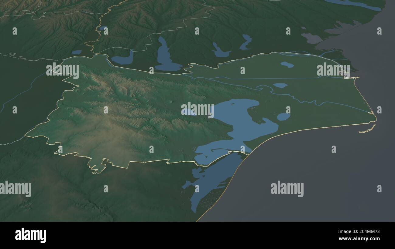 Zoom in on Tulcea (county of Romania) outlined. Oblique perspective ...