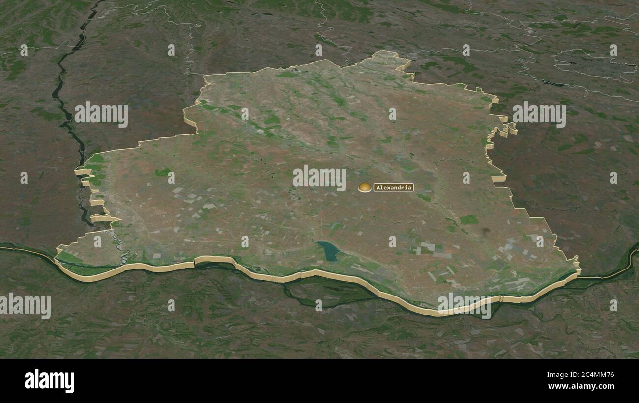 Zoom in on Teleorman (county of Romania) extruded. Oblique perspective ...