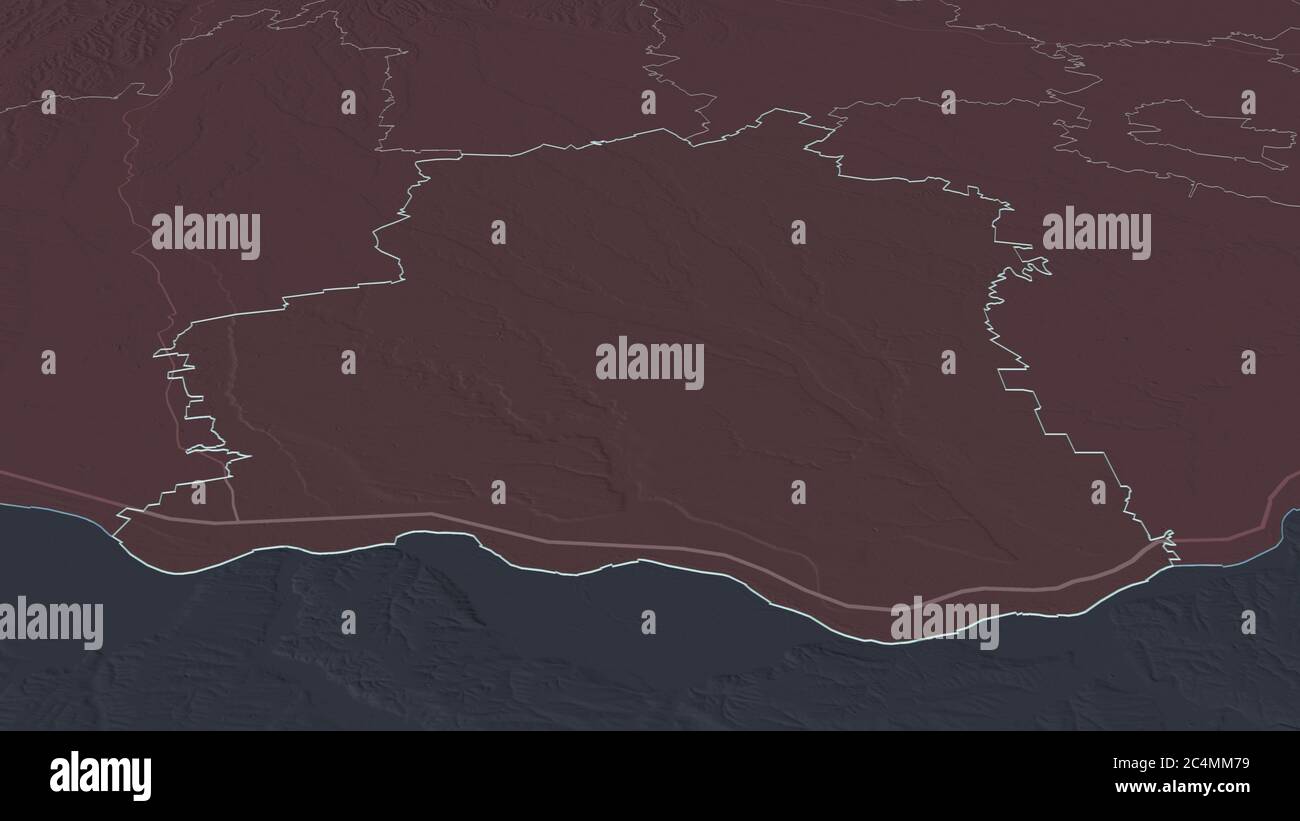 Zoom in on Teleorman (county of Romania) outlined. Oblique perspective ...