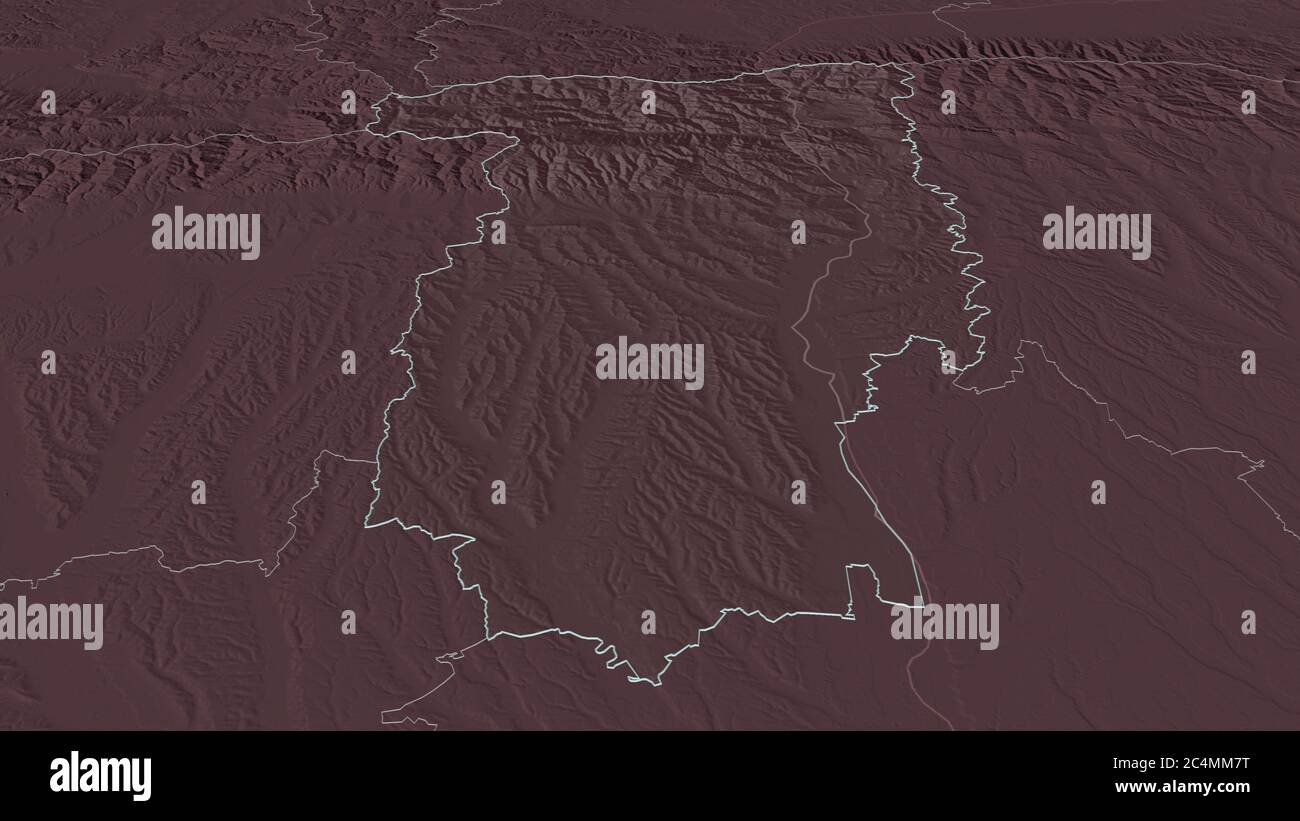 Zoom in on Vâlcea (county of Romania) outlined. Oblique perspective ...