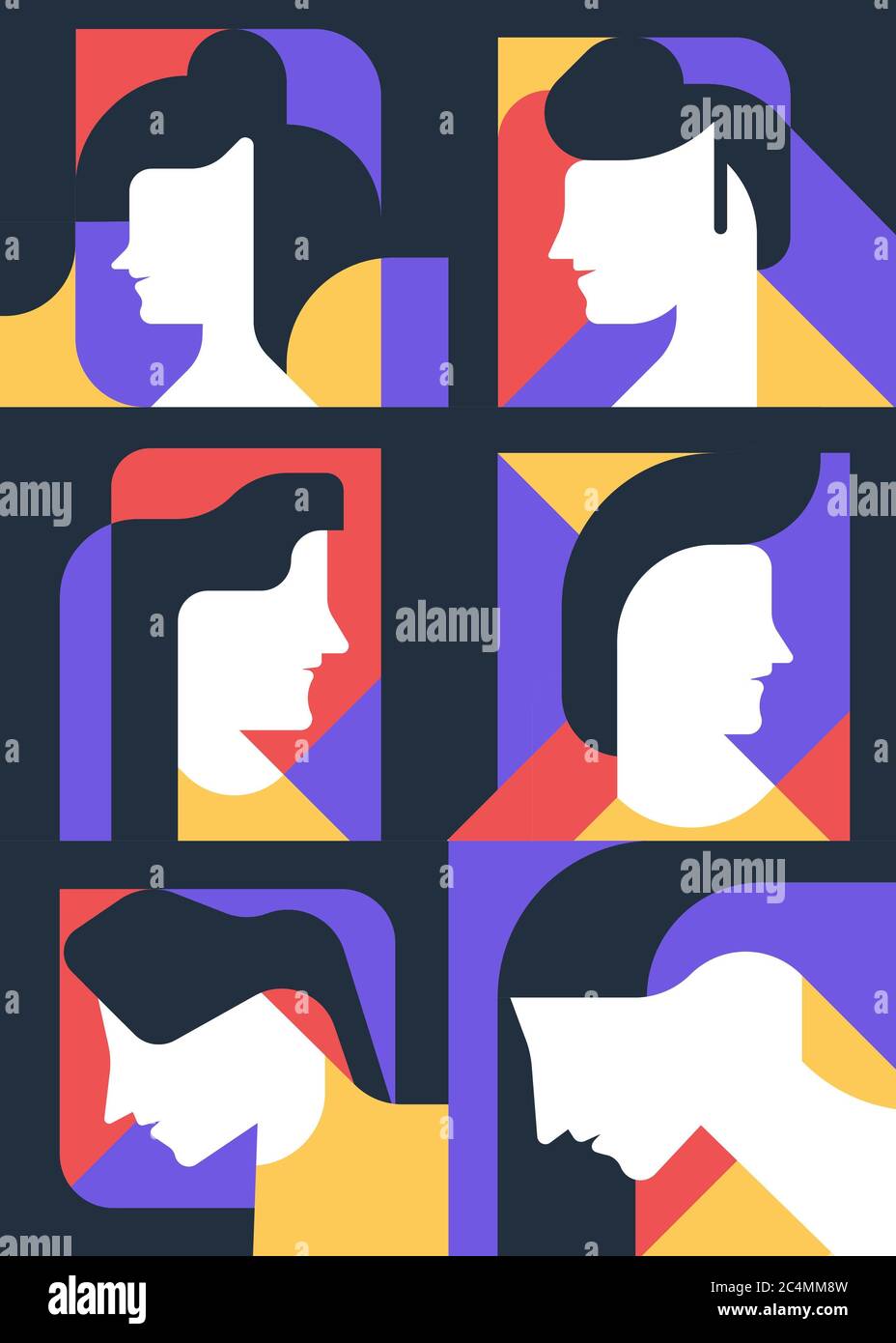 Illustration of human faces on dark background Stock Photo - Alamy