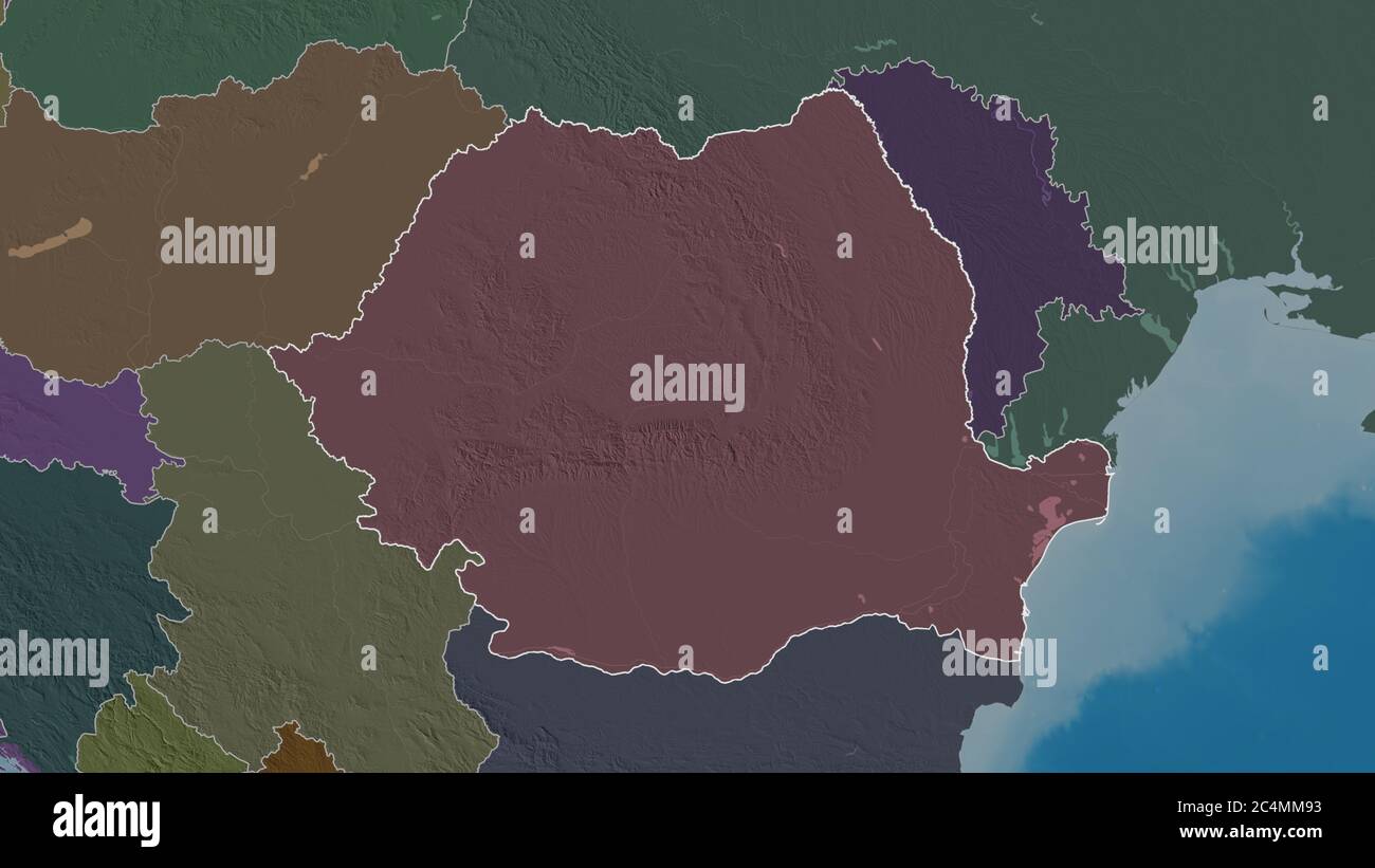 Outlined shape of the Romania area. Colored and bumped map of the ...