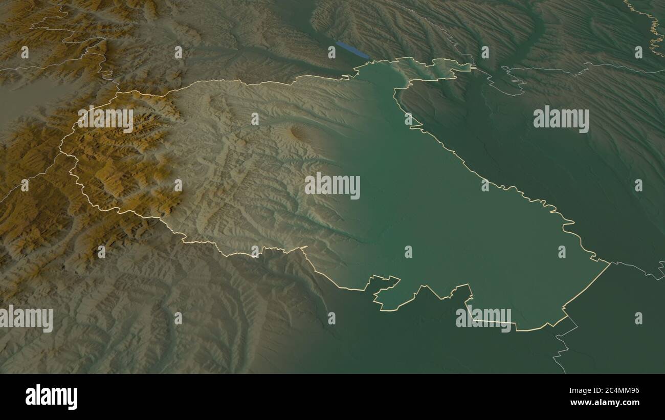 Zoom in on Vrancea (county of Romania) outlined. Oblique perspective ...