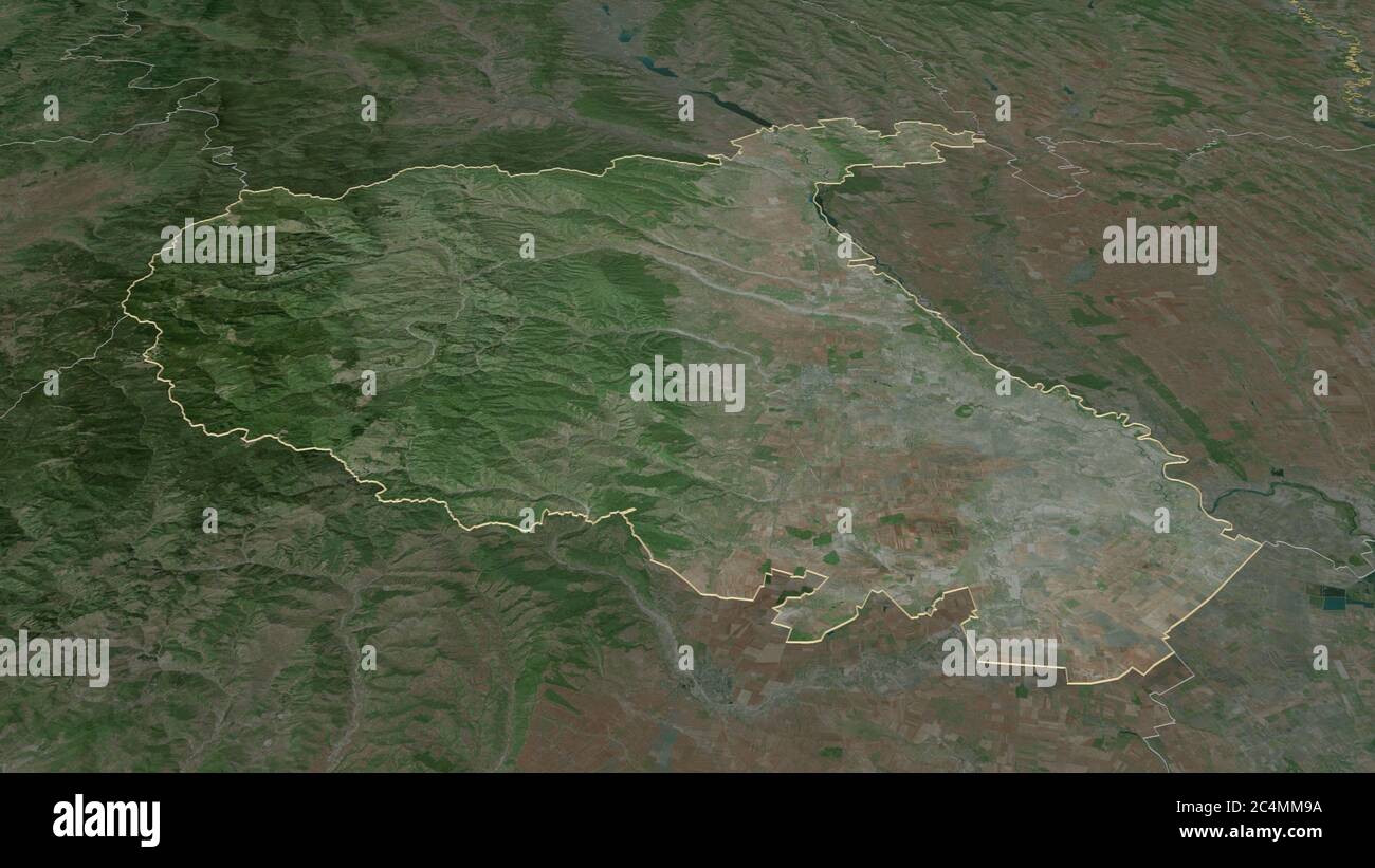Zoom in on Vrancea (county of Romania) outlined. Oblique perspective ...