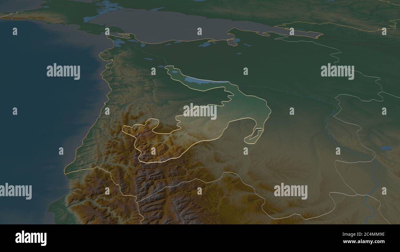 Zoom in on Adygey (republic of Russia) outlined. Oblique perspective ...