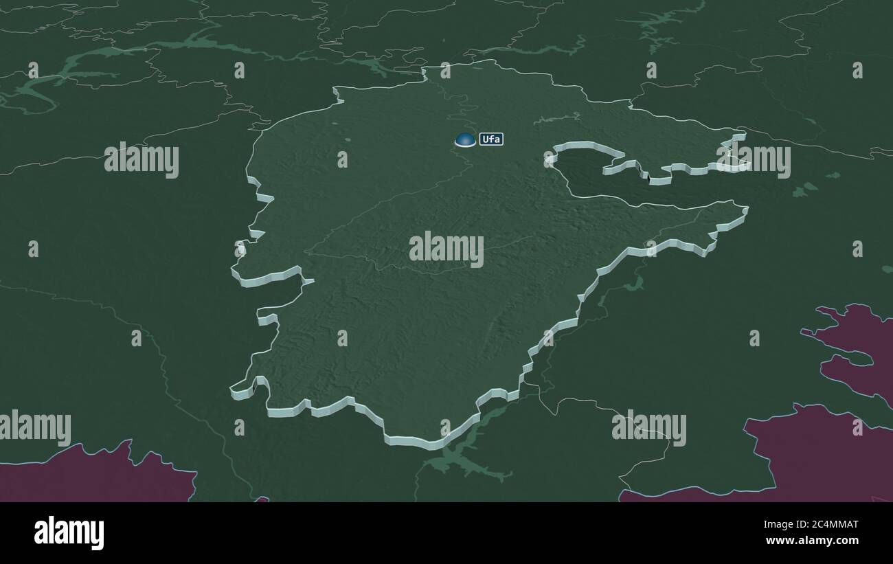 Zoom in on Bashkortostan (republic of Russia) extruded. Oblique ...