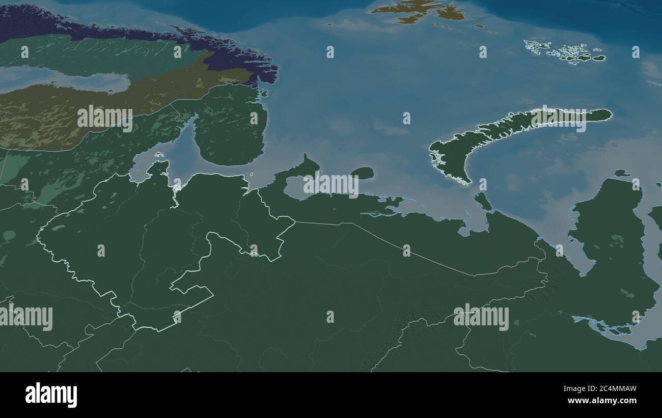 Zoom in on Arkhangel'sk (region of Russia) outlined. Oblique ...