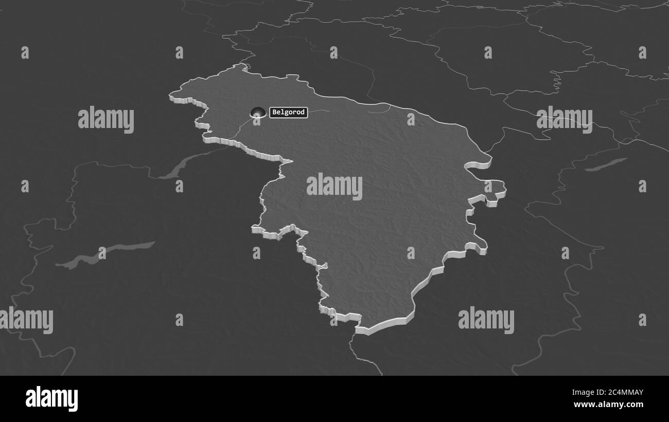 Zoom in on Belgorod (region of Russia) extruded. Oblique perspective ...