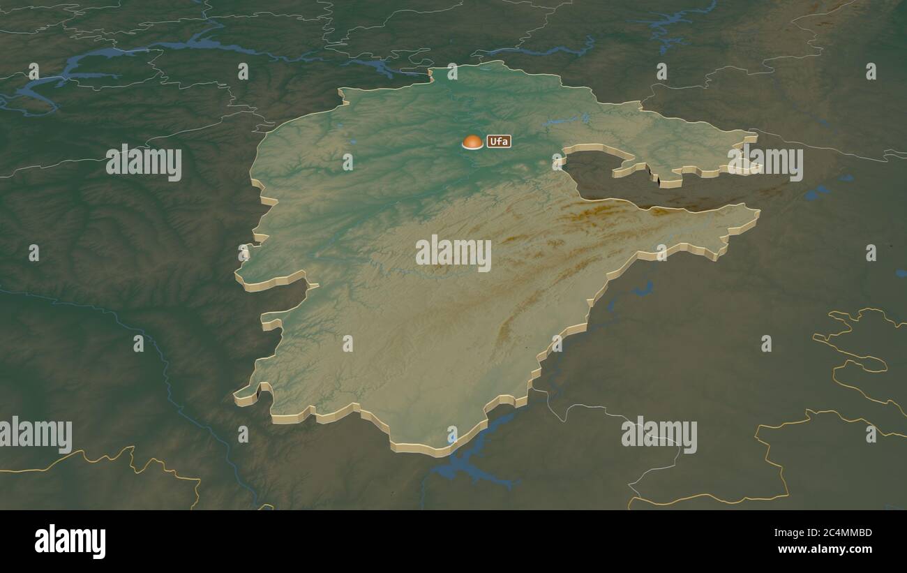 Zoom in on Bashkortostan (republic of Russia) extruded. Oblique ...