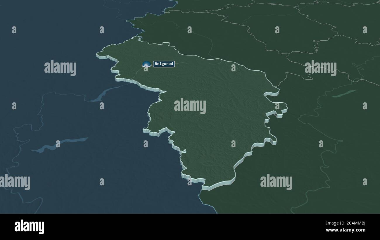 Zoom in on Belgorod (region of Russia) extruded. Oblique perspective ...
