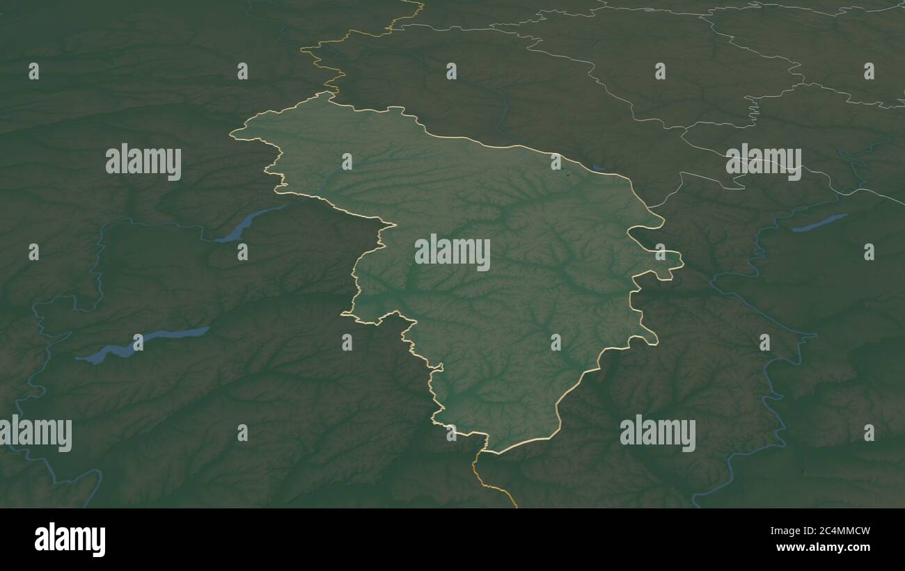 Zoom in on Belgorod (region of Russia) outlined. Oblique perspective ...