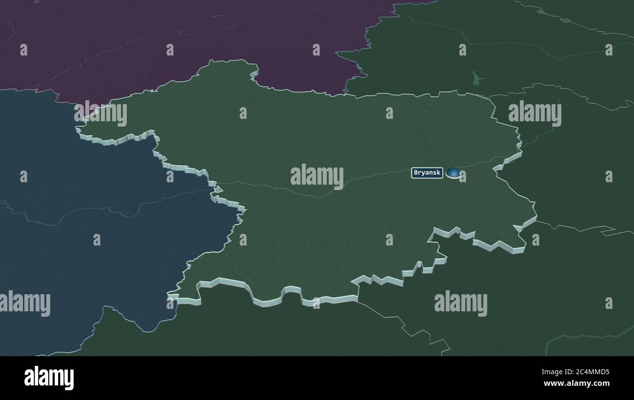 Zoom in on Bryansk (region of Russia) extruded. Oblique perspective ...