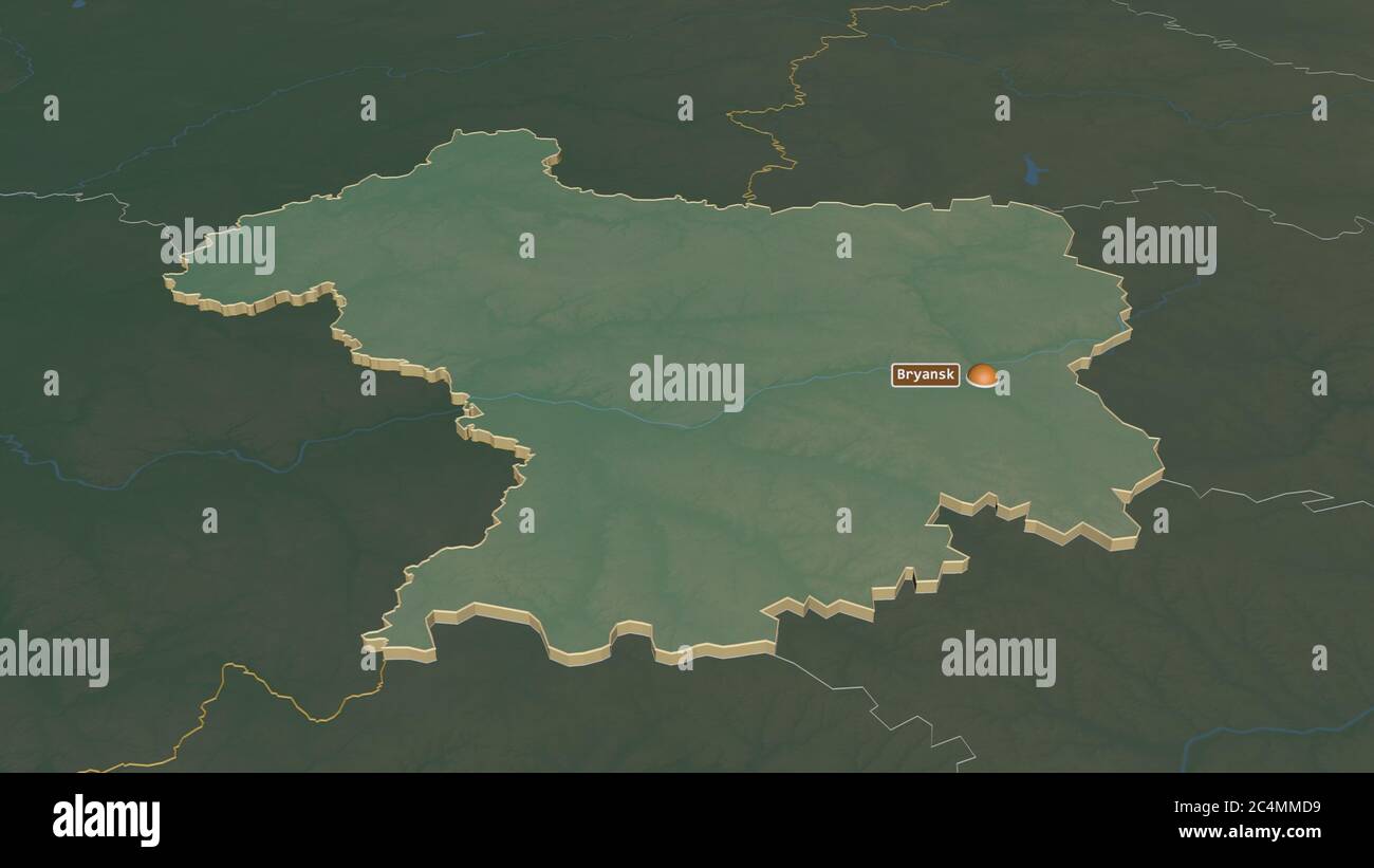 Zoom in on Bryansk (region of Russia) extruded. Oblique perspective ...