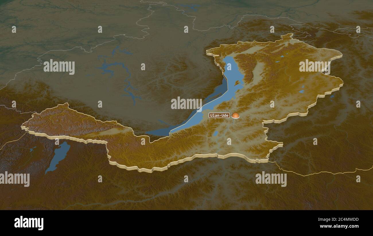 Zoom in on Buryat (republic of Russia) extruded. Oblique perspective ...