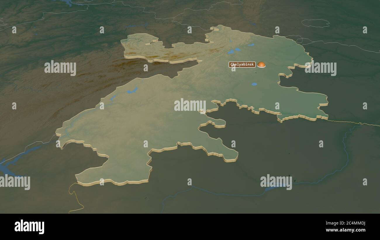 Zoom in on Chelyabinsk (region of Russia) extruded. Oblique perspective ...