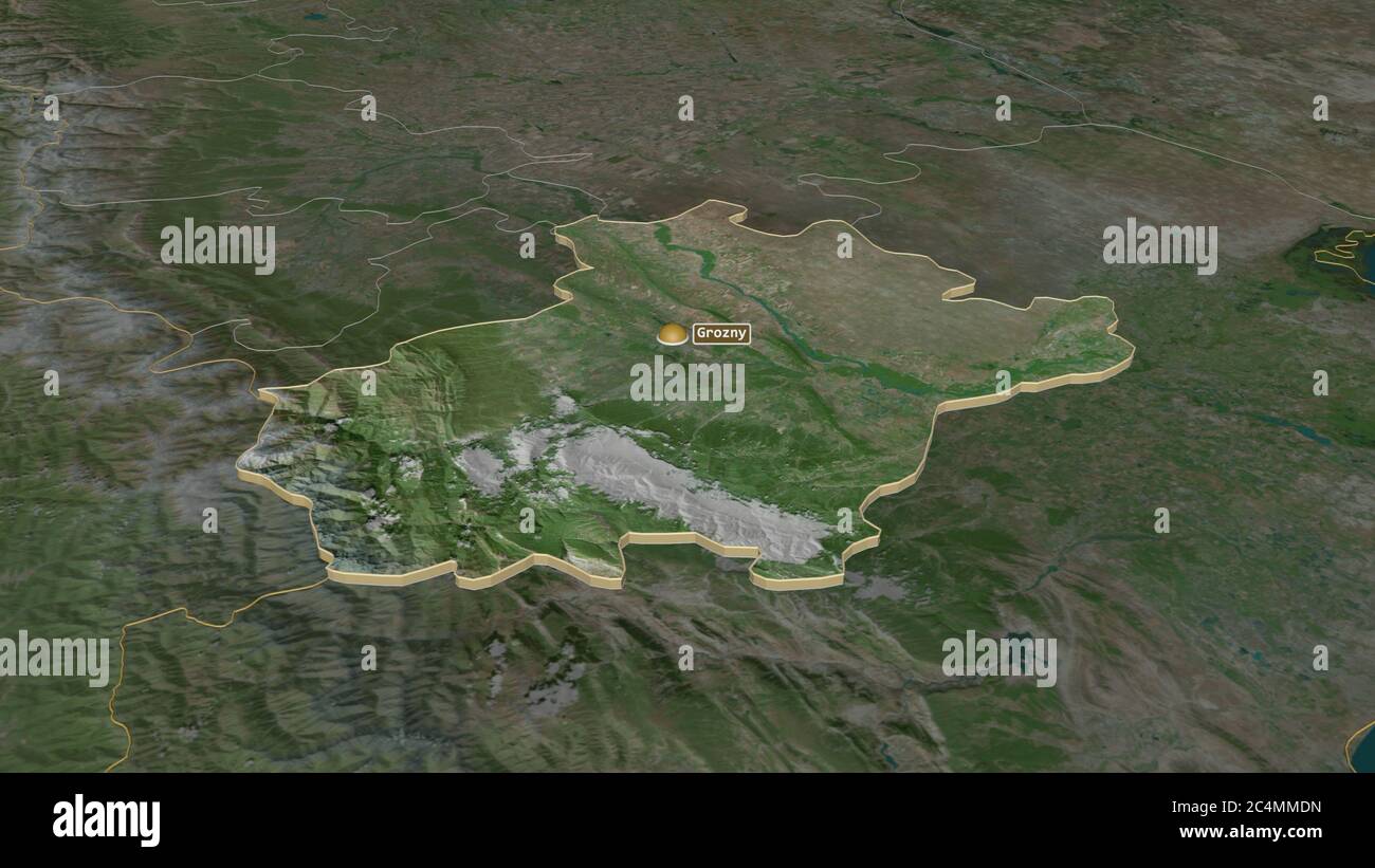 Zoom in on Chechnya (republic of Russia) extruded. Oblique perspective ...