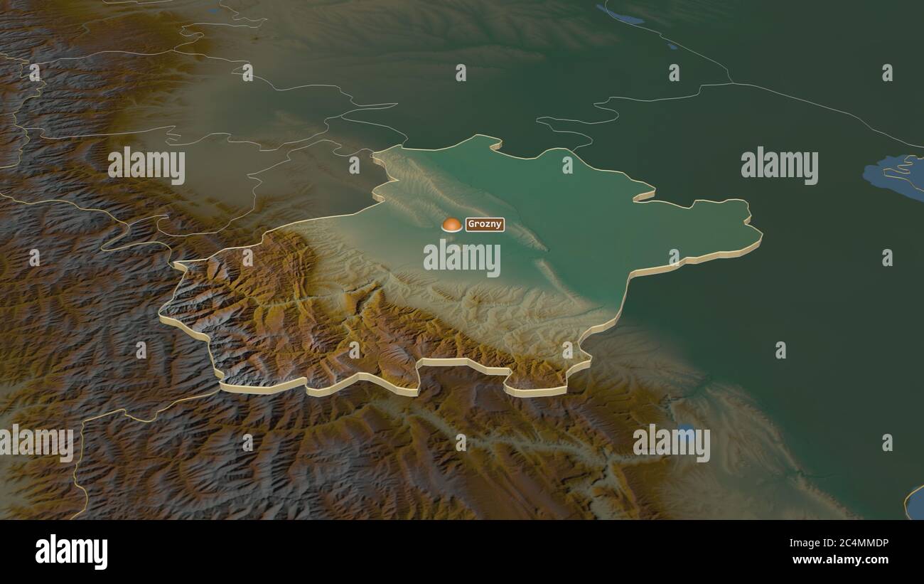 Zoom in on Chechnya (republic of Russia) extruded. Oblique perspective ...