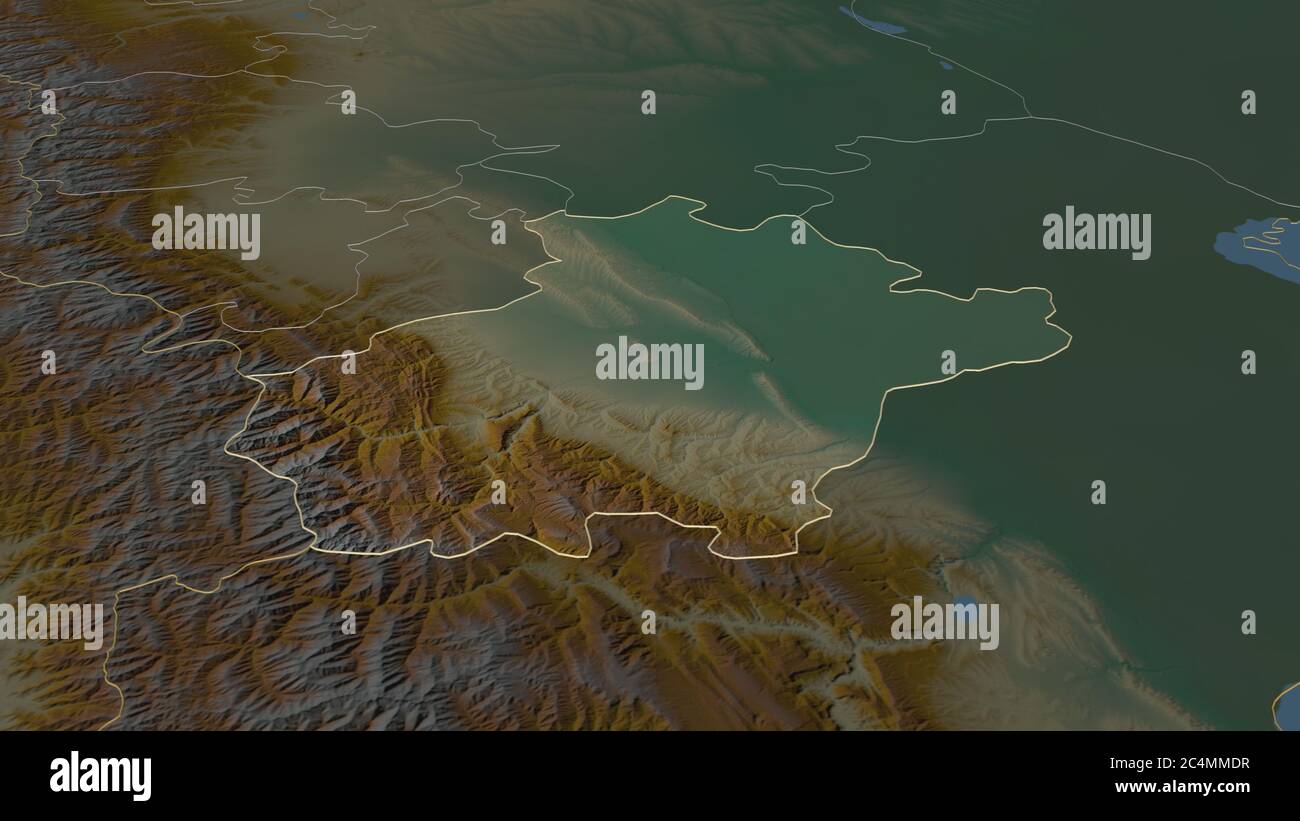 Zoom in on Chechnya (republic of Russia) outlined. Oblique perspective ...