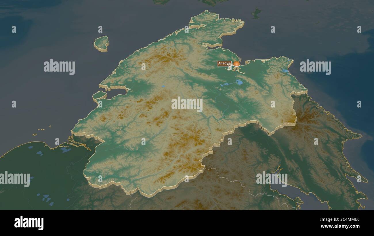 Zoom in on Chukot (autonomous province of Russia) extruded. Oblique ...