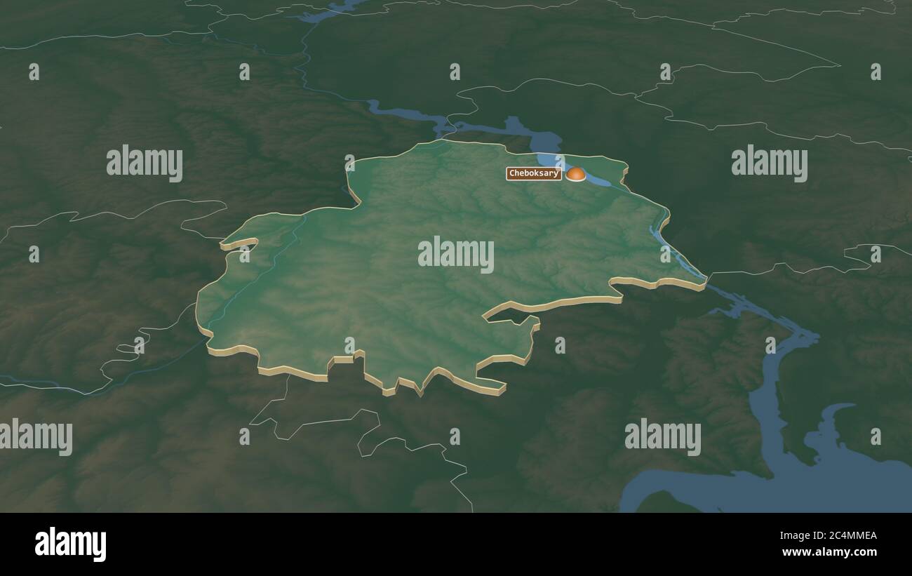 Zoom in on Chuvash (republic of Russia) extruded. Oblique perspective ...