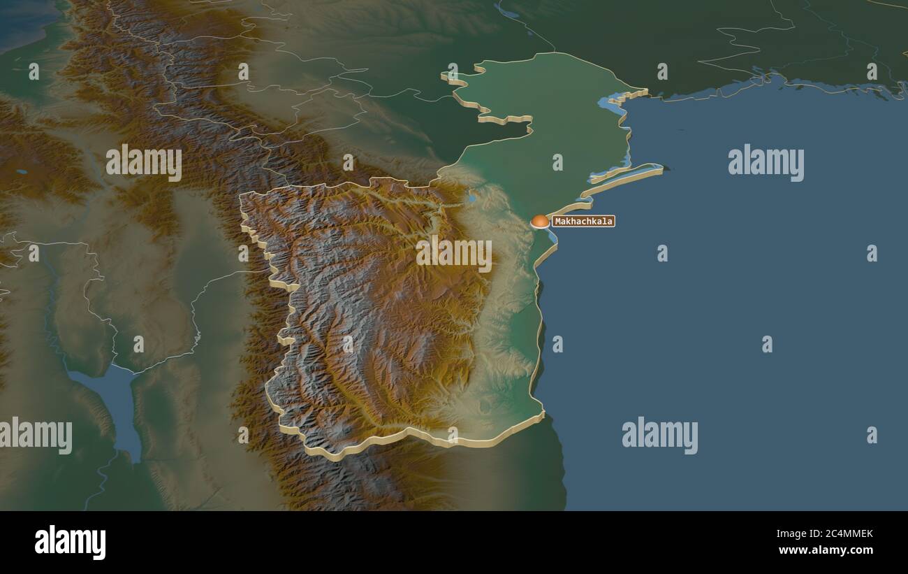 Zoom in on Dagestan (republic of Russia) extruded. Oblique perspective ...