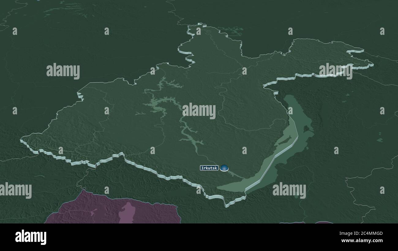 Zoom in on Irkutsk (region of Russia) extruded. Oblique perspective ...