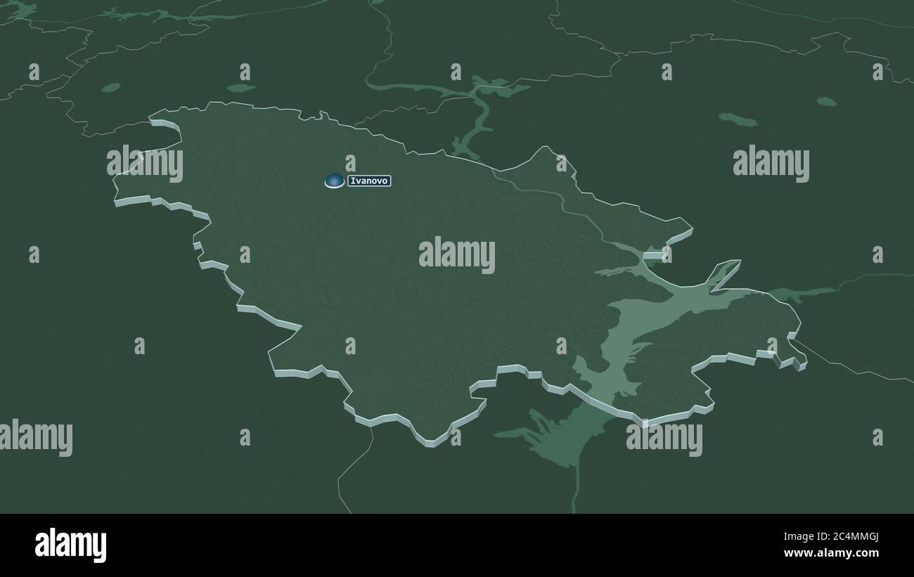 Zoom in on Ivanovo (region of Russia) extruded. Oblique perspective ...