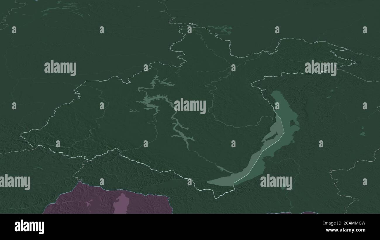 Zoom in on Irkutsk (region of Russia) outlined. Oblique perspective ...