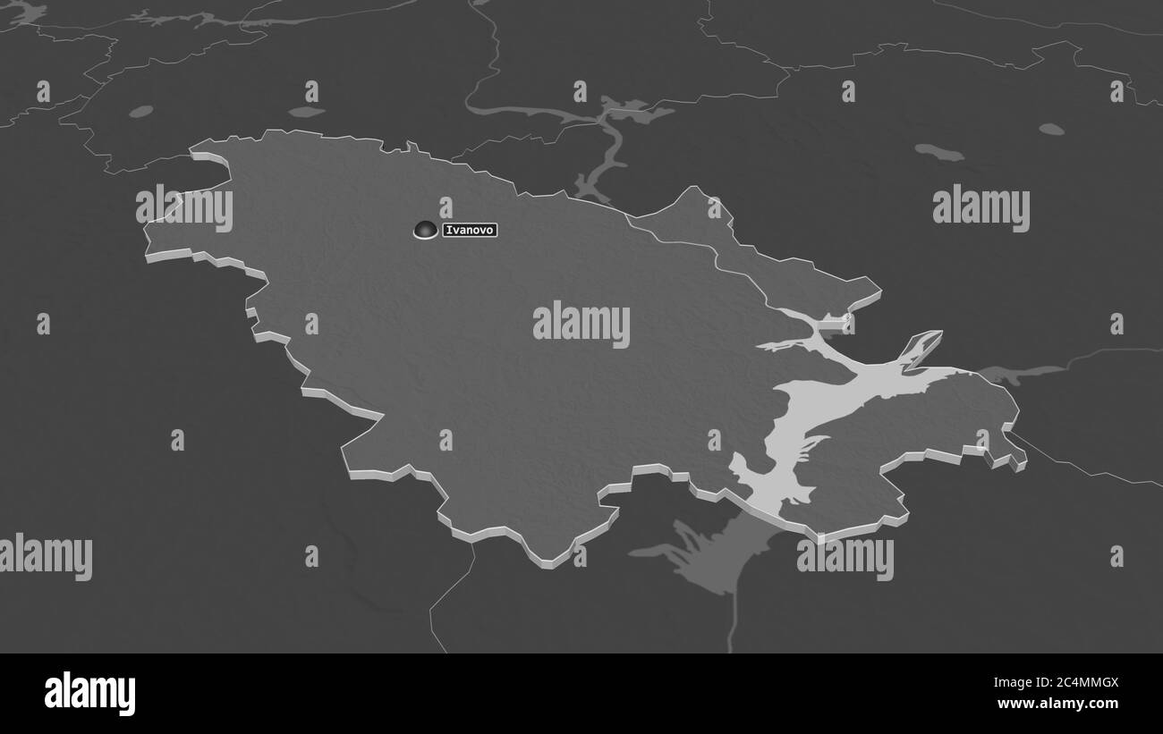 Zoom in on Ivanovo (region of Russia) extruded. Oblique perspective ...