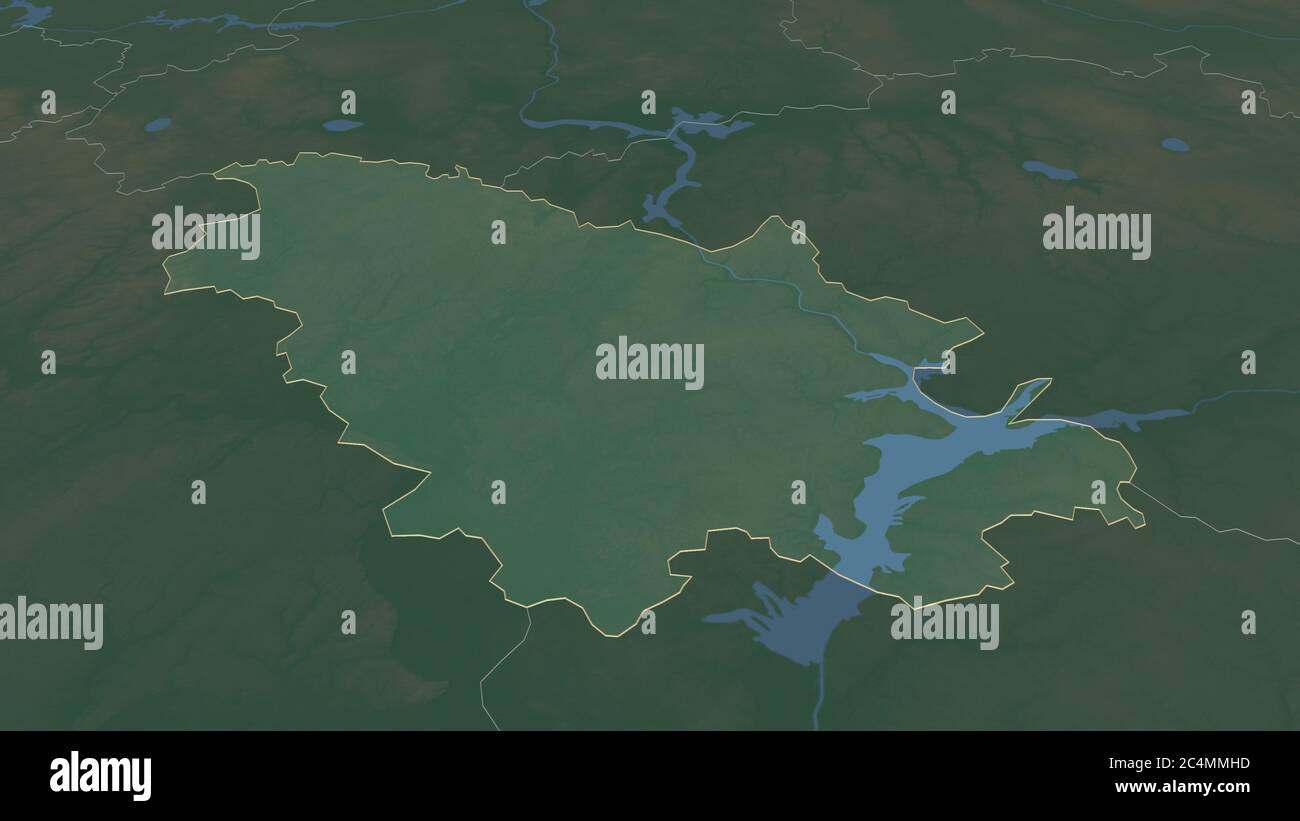 Zoom in on Ivanovo (region of Russia) outlined. Oblique perspective ...