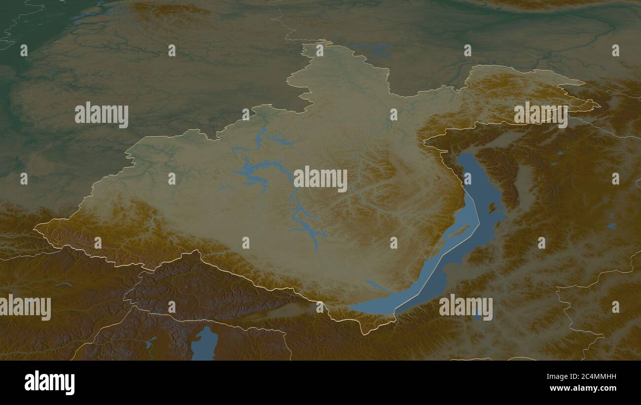 Zoom in on Irkutsk (region of Russia) outlined. Oblique perspective ...