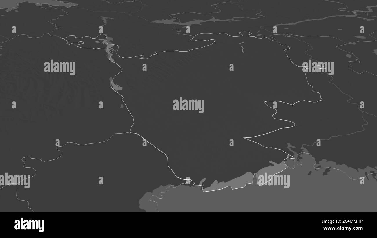 Zoom in on Kalmyk (republic of Russia) outlined. Oblique perspective ...