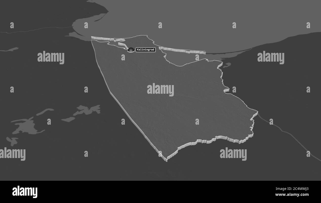 Zoom in on Kaliningrad (region of Russia) extruded. Oblique perspective ...