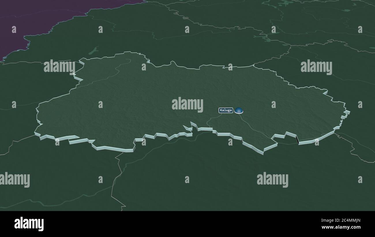 Zoom in on Kaluga (region of Russia) extruded. Oblique perspective ...