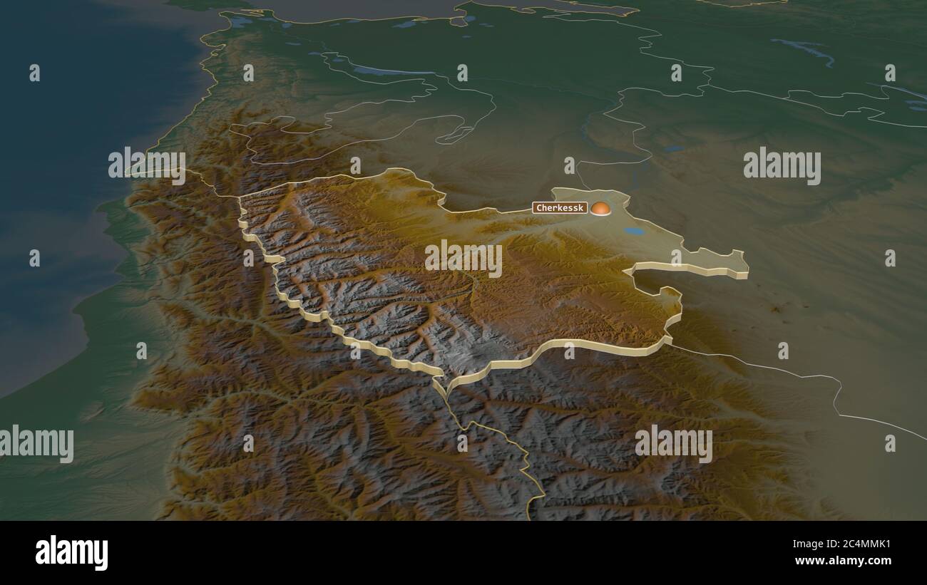 Zoom in on Karachay-Cherkess (republic of Russia) extruded. Oblique ...