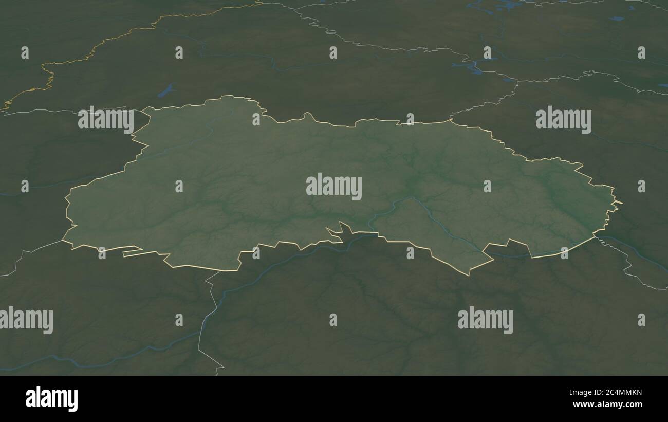 Zoom in on Kaluga (region of Russia) outlined. Oblique perspective ...