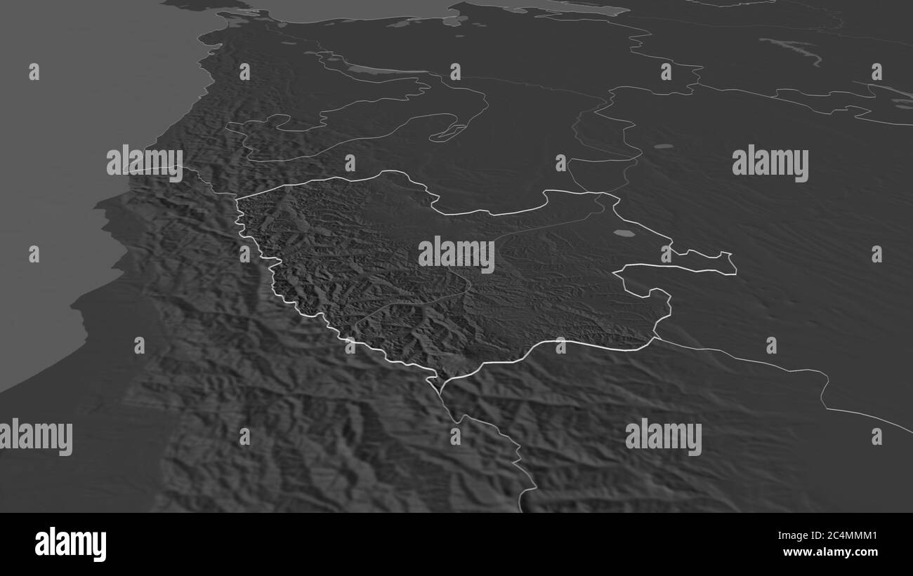 Zoom in on Karachay-Cherkess (republic of Russia) outlined. Oblique ...