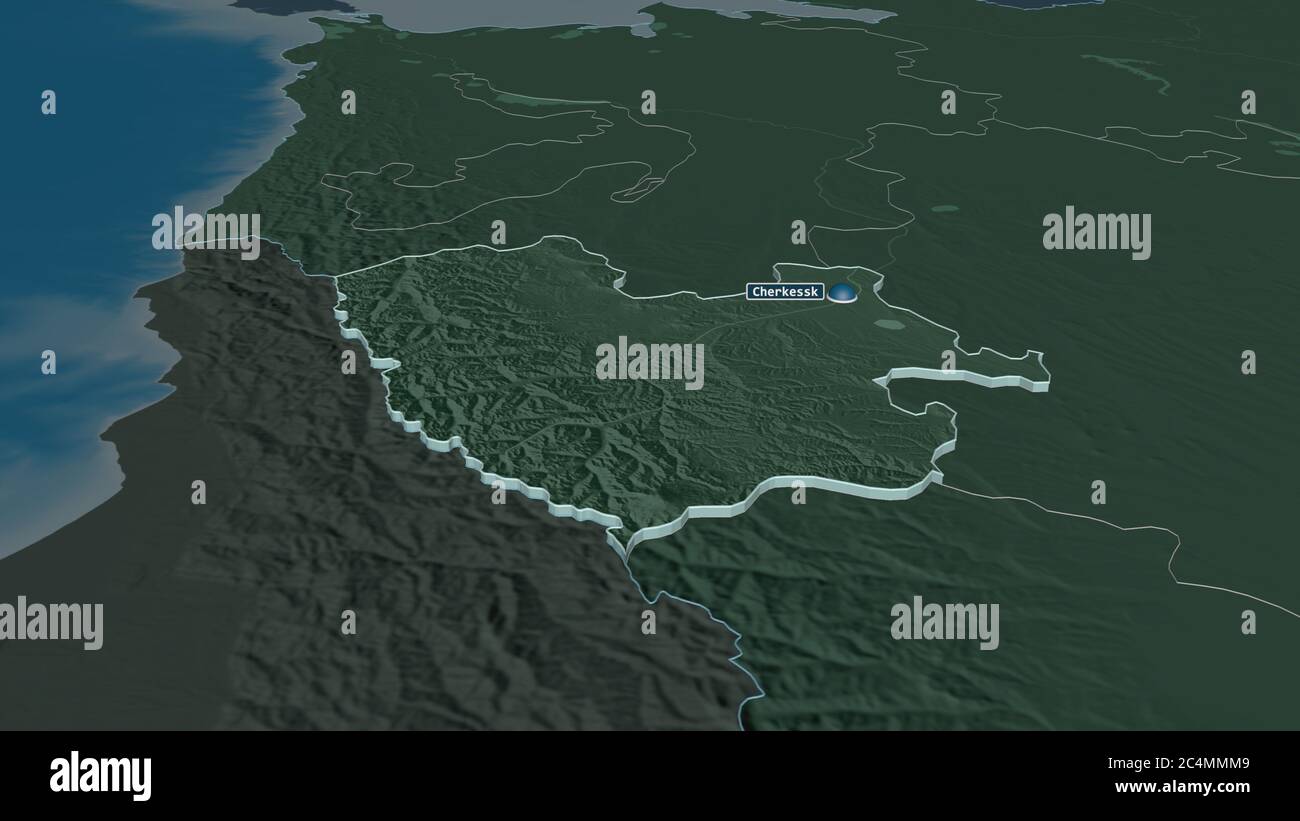Zoom in on Karachay-Cherkess (republic of Russia) extruded. Oblique ...