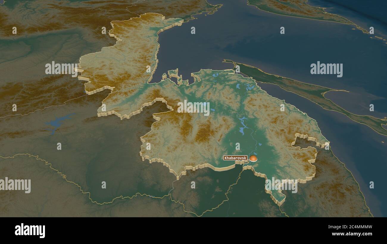 Zoom in on Khabarovsk (territory of Russia) extruded. Oblique ...