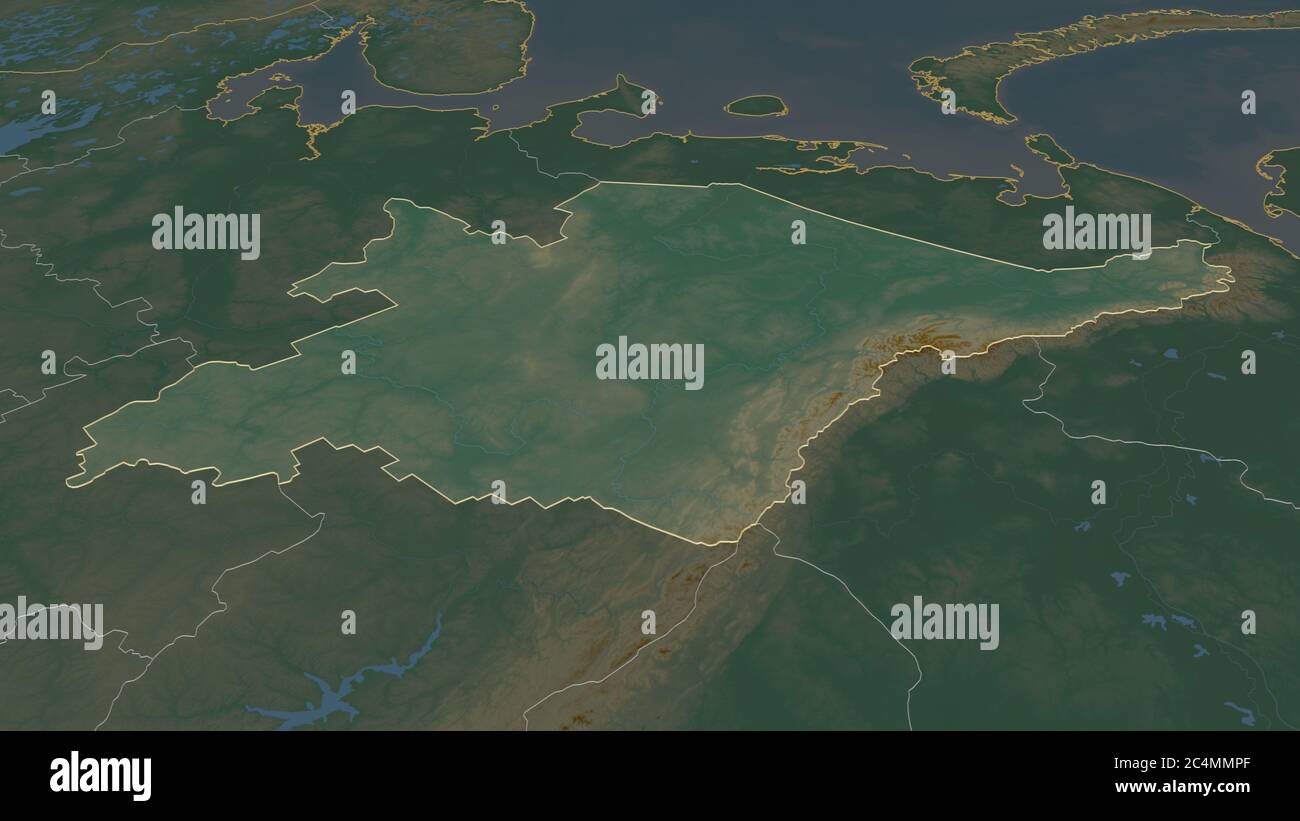 Zoom in on Komi (republic of Russia) outlined. Oblique perspective ...
