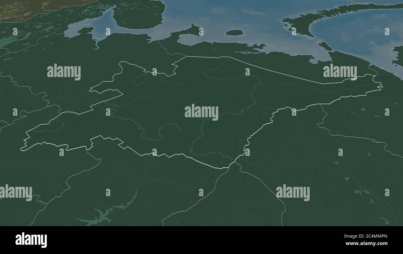 Zoom in on Komi (republic of Russia) outlined. Oblique perspective ...