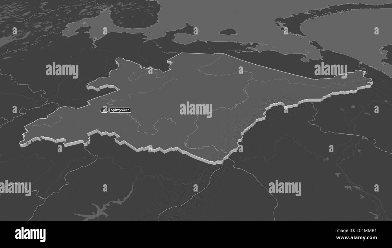 Zoom in on Komi (republic of Russia) extruded. Oblique perspective ...