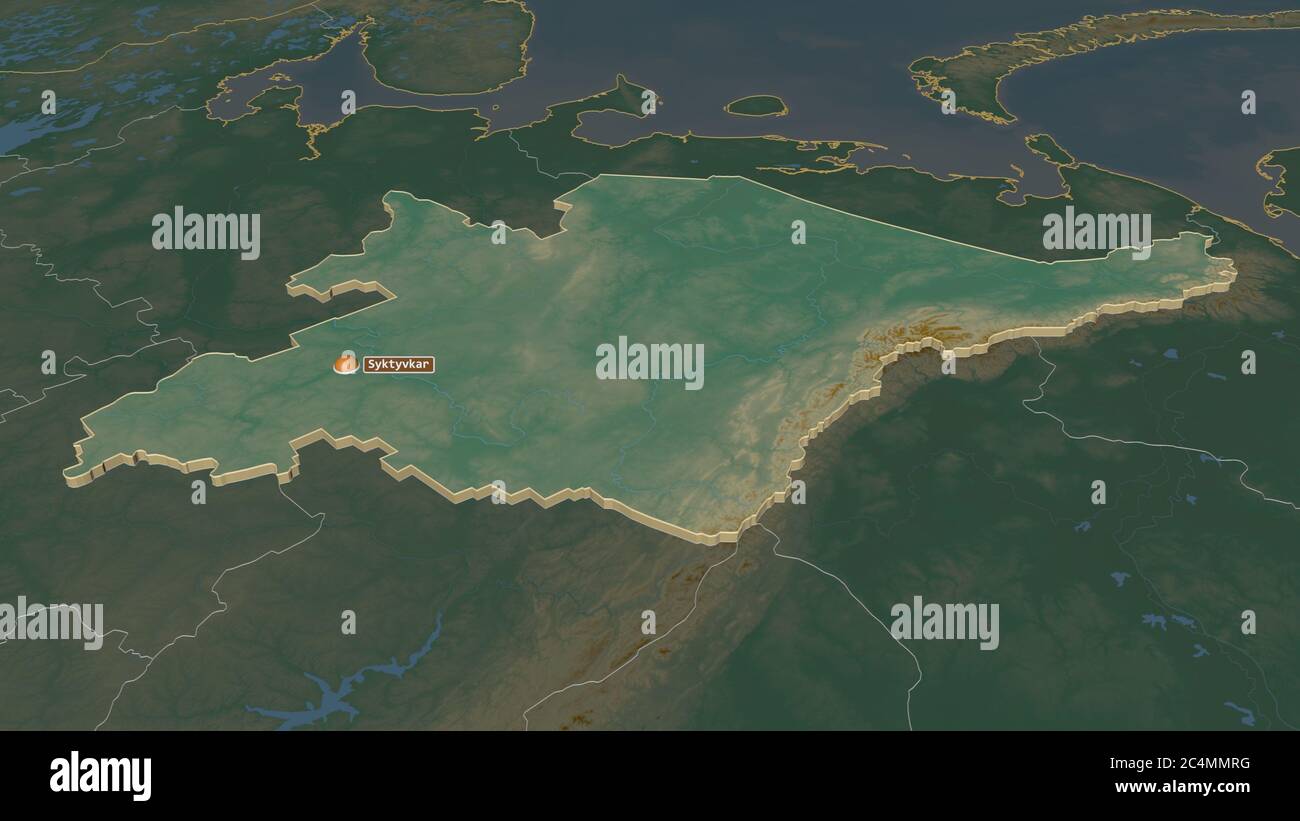 Zoom in on Komi (republic of Russia) extruded. Oblique perspective ...