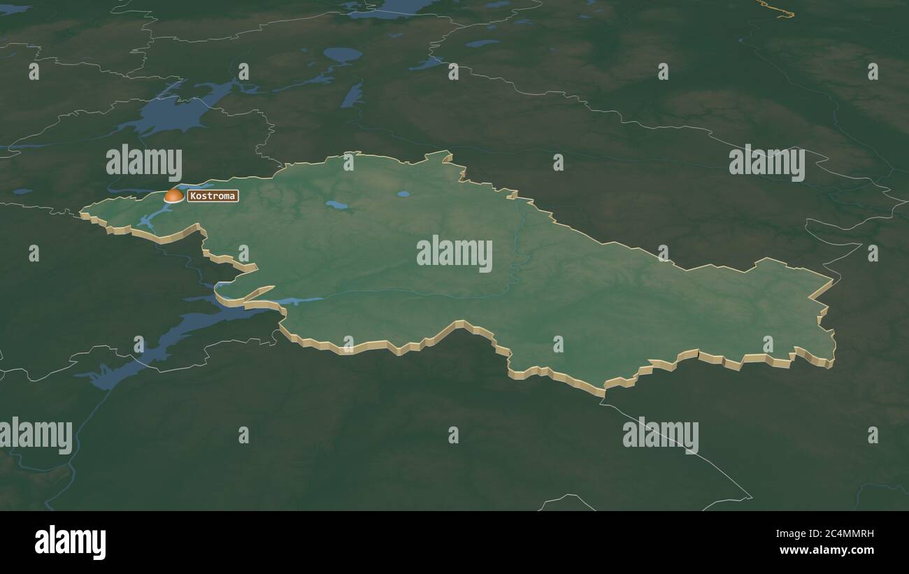 Zoom in on Kostroma (region of Russia) extruded. Oblique perspective ...