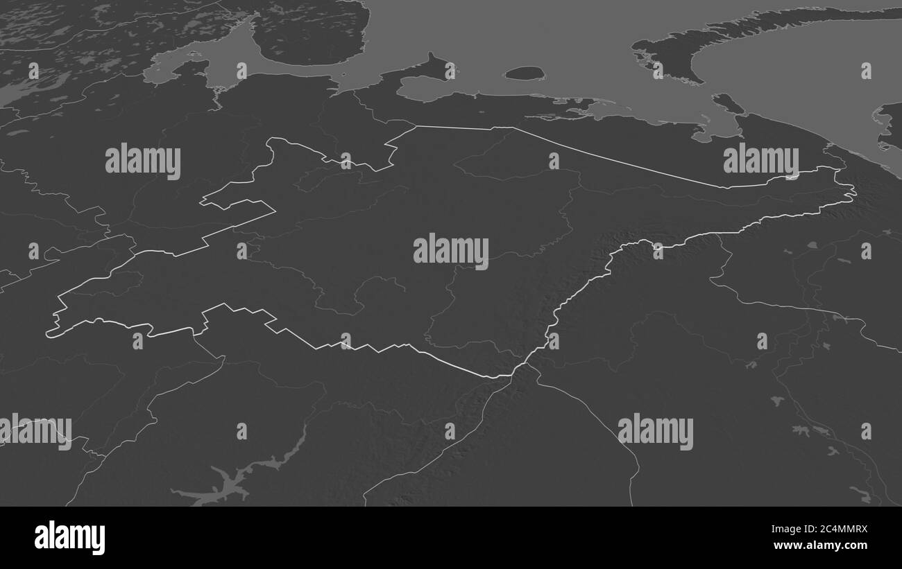 Zoom in on Komi (republic of Russia) outlined. Oblique perspective ...